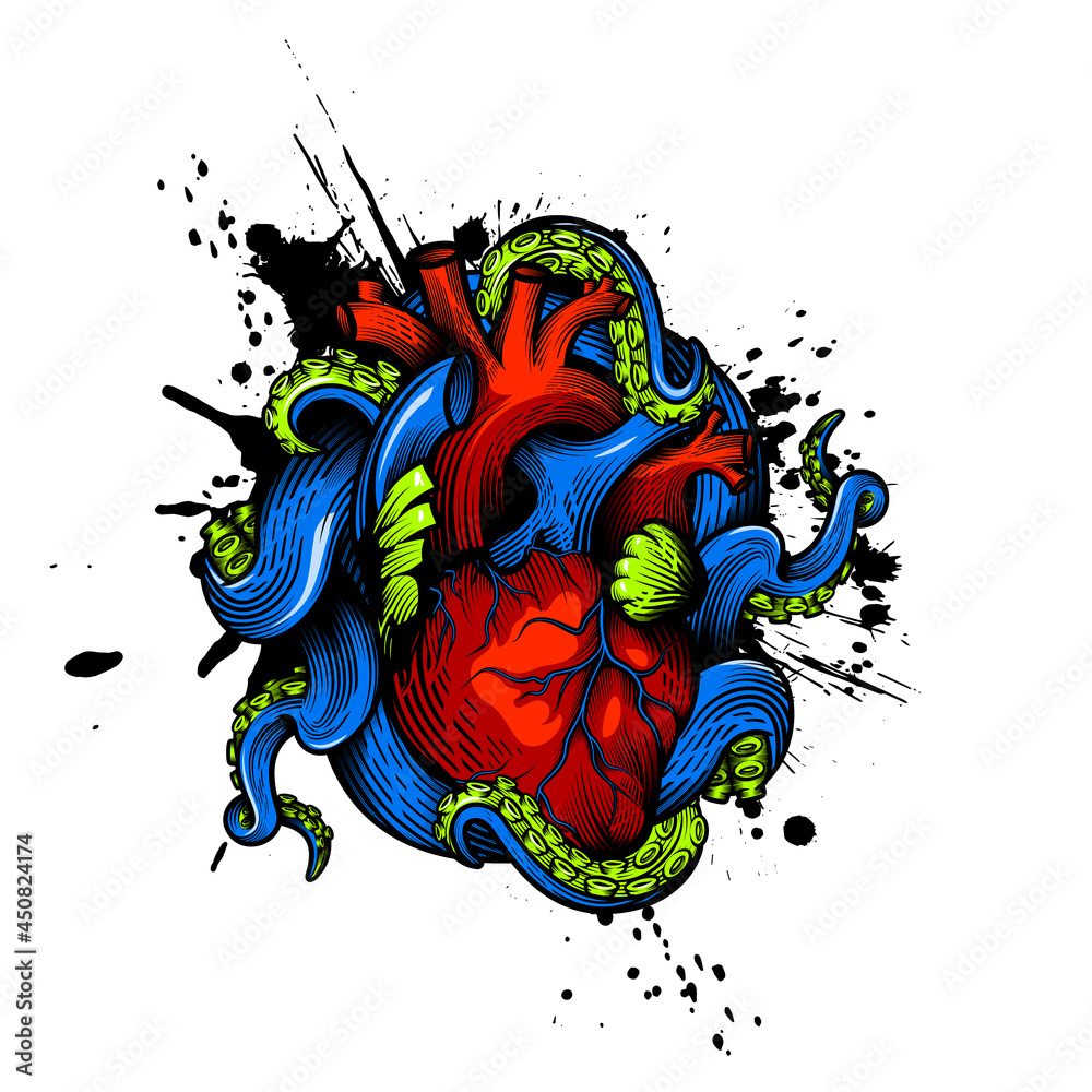 Human heart with tentacles design. Hand drawn vector illustration of ...