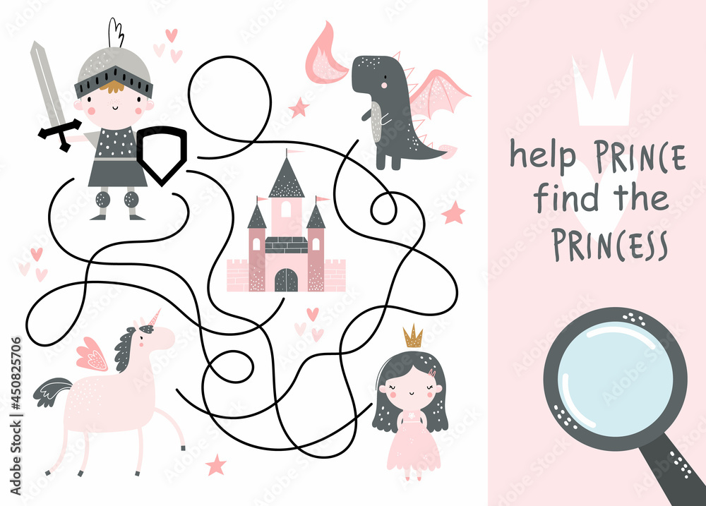 Vector hand drawn cute funny kids maze. Help the prince find the ...