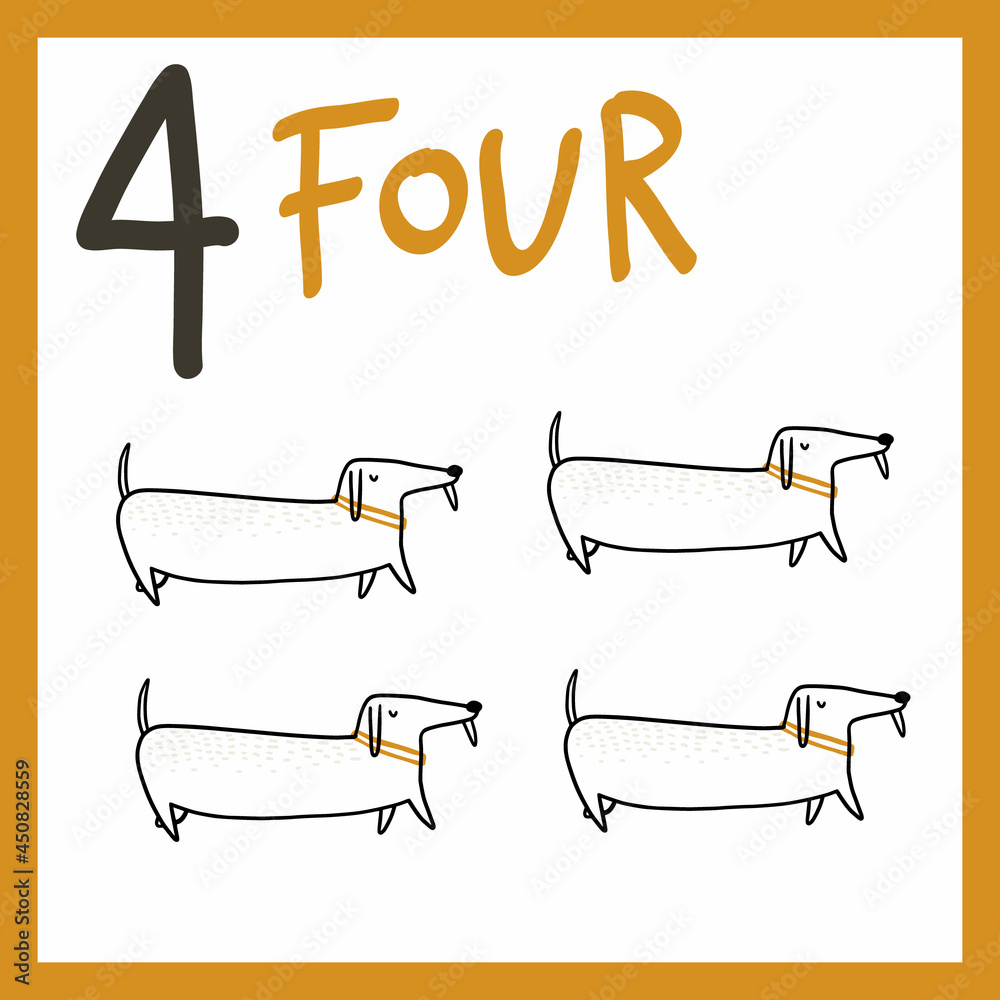 Number four. Cute hand drawn dogs. Vector card for kids with numbers ...