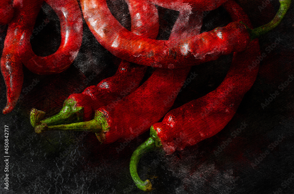 ภาพประกอบสต็อก Red hot chili pepper pods against a dark background ...