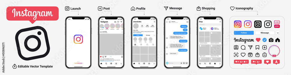 Instagram template app screens on Apple Iphone mockup set. Realistic ...