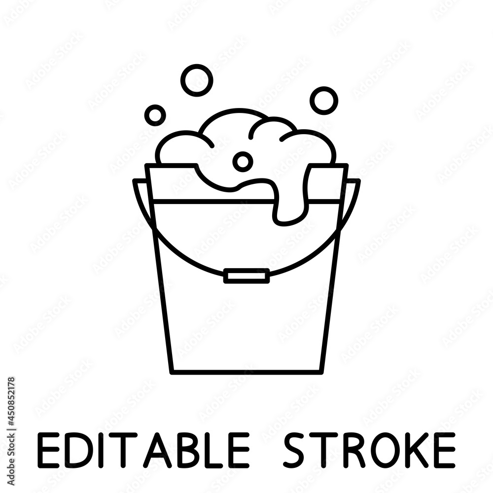 Bubble wash bucket icon. Outline bucket with soap foam. Washing ...