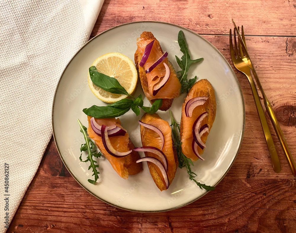 Crostini al salmone affumicato. Also known as crostini with smoked ...