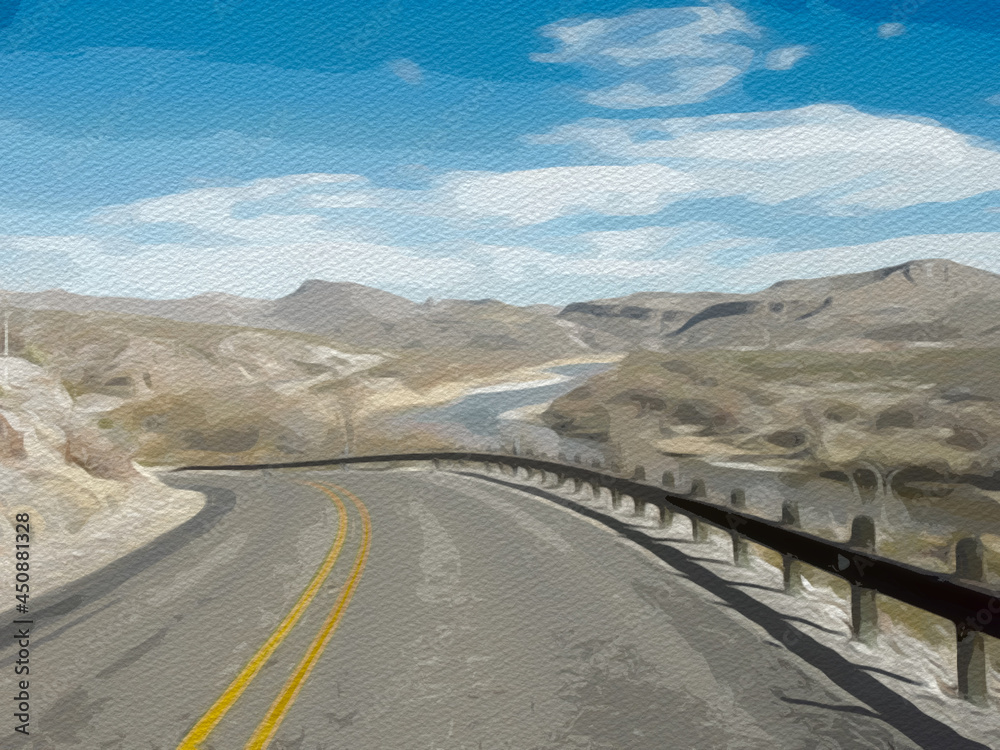An illustration of a curved road running into a hill and overlooking ...