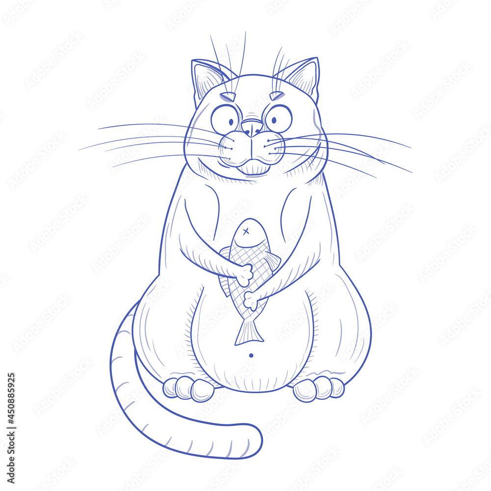 Funny fat cat with fish. Vector illustration. Freehand drawing. Funny ...