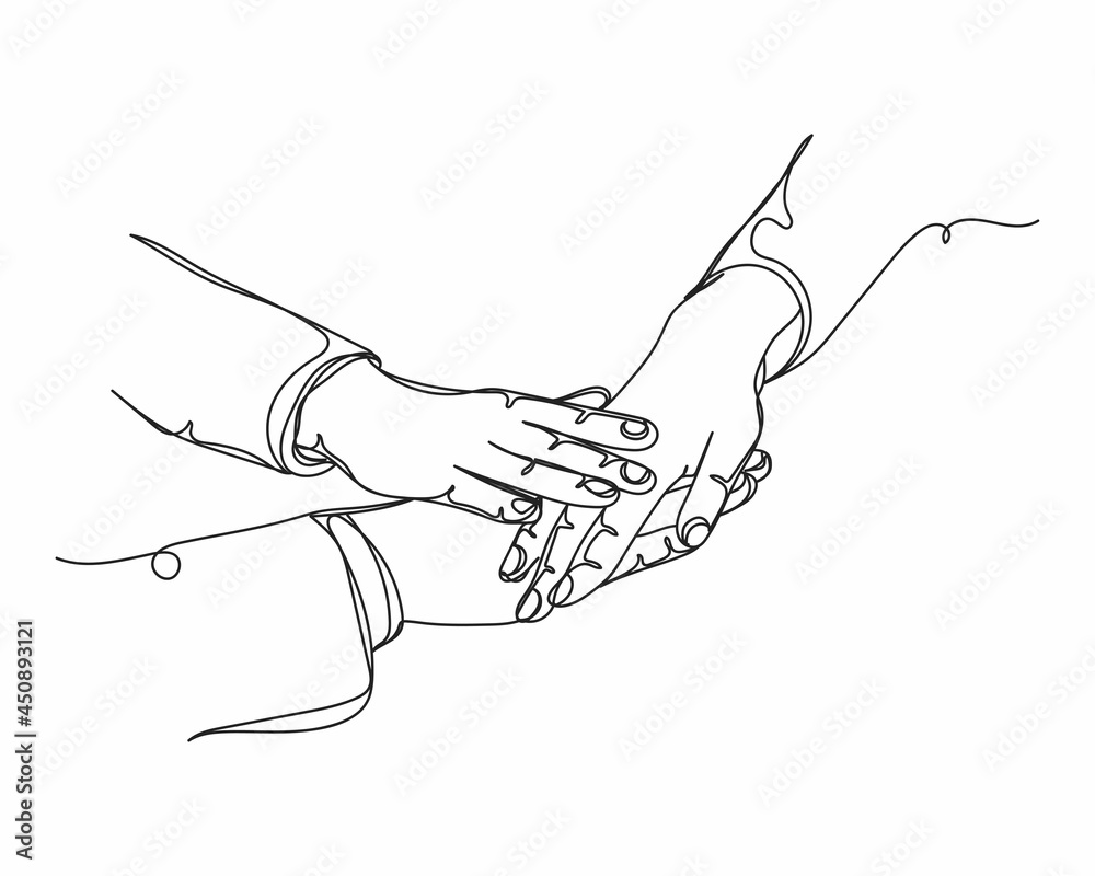 Continuous one line drawing of business people putting their hands ...
