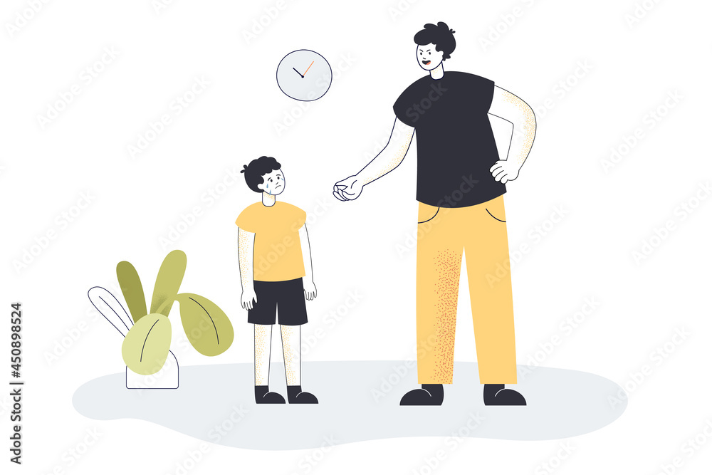 Father screaming at his crying son flat vector illustration. Angry dad ...