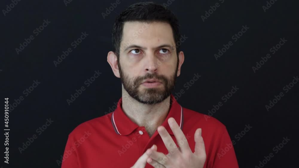 Hand and finger counting man 30s year old wearing a red t-shirt posing ...