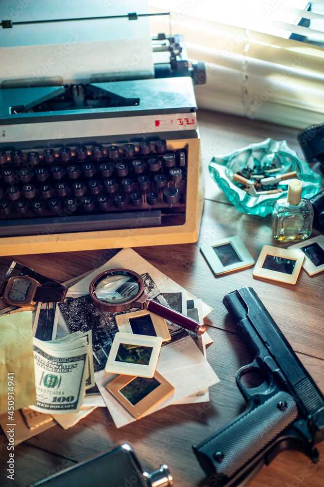 Private detective's desk, noir still life with a vintage phone ...