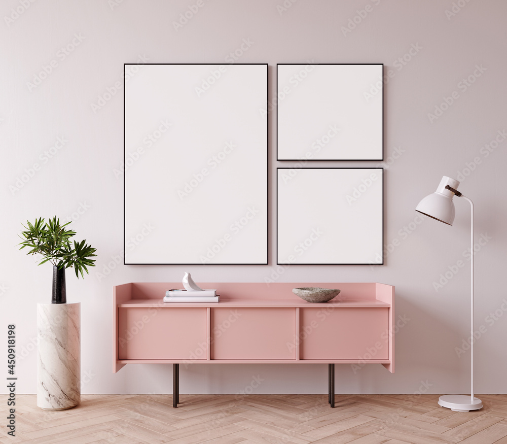 Modern mock up interior with pink commode and empty white picture ...