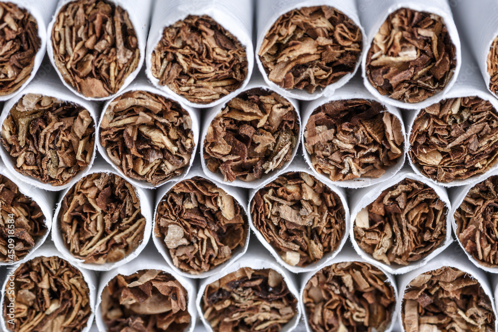 Cigarette close-up.Cigarettes are stacked on top of each other with a ...