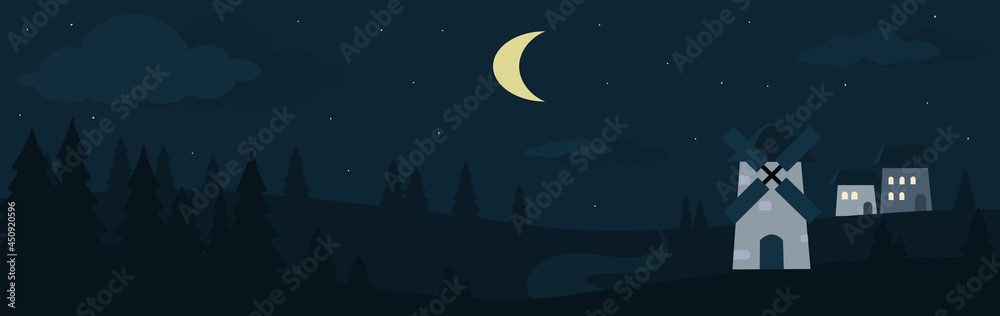 Vector illustration of night farm landscape, barns and mill in night ...
