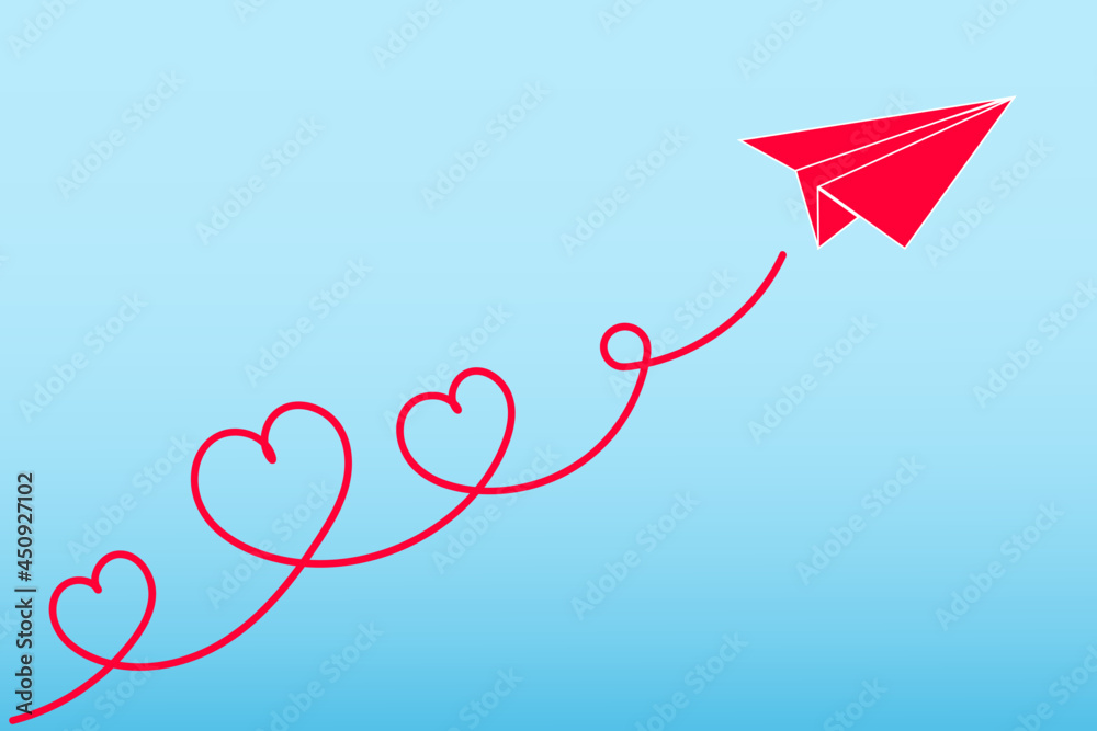 Launch paper plane with love. Airplane flying scattering red heart ...