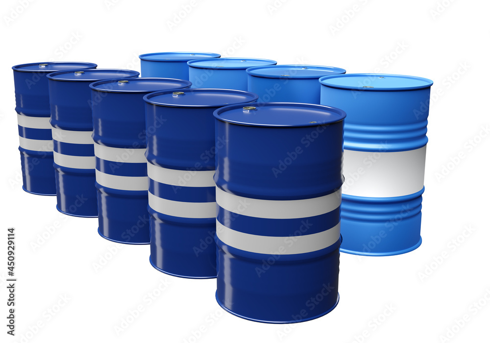Blue oil tanks. Metal barrels on white background. Tanks for oil ...