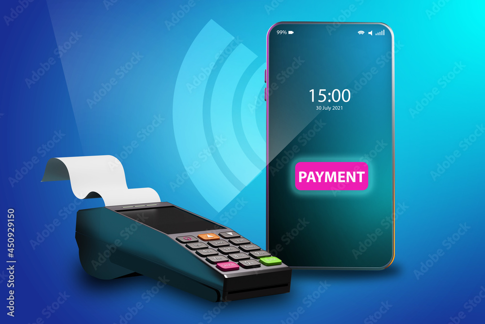 NFC paypass apps. Phone with payments button. Payment terminal and ...
