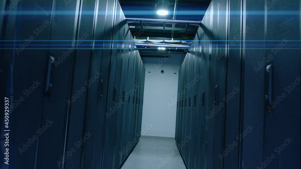Camera moves through big working data center with server racks . Real ...
