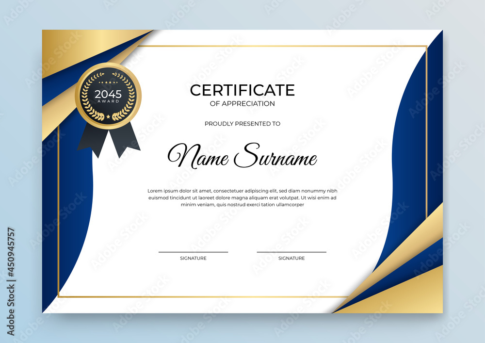 Elegant blue and gold diploma certificate template. Blue and gold ...