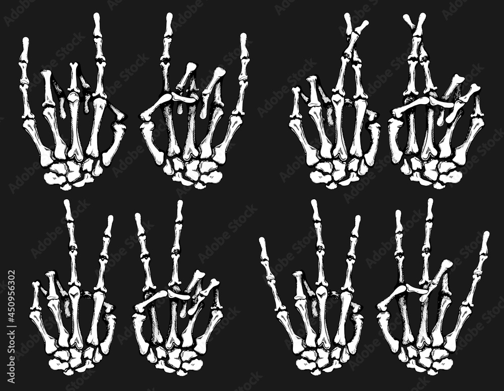 Skeleton of a human hand making rock sign, peace sign gesture, fingers ...