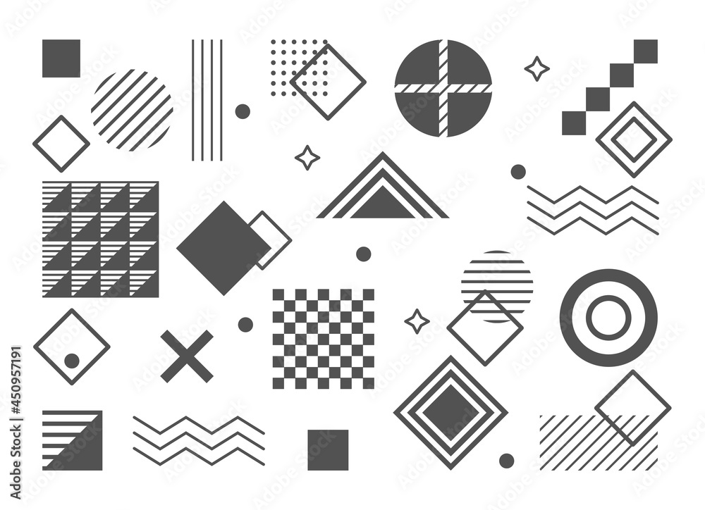 Set of linear bauhaus inspired graphic elements on white background ...
