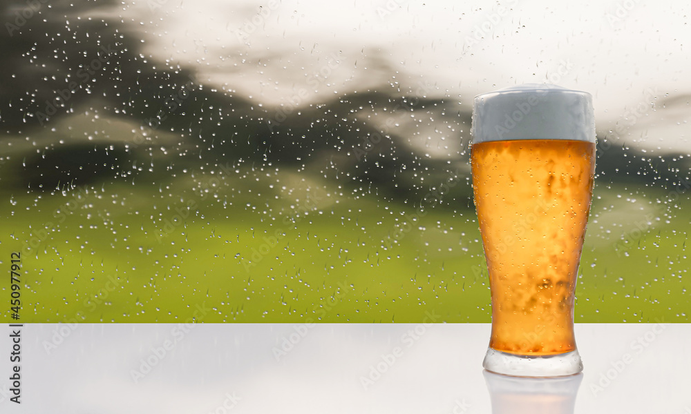 Cold draft beer in tall clear glass. The top is beer foam. There are ...