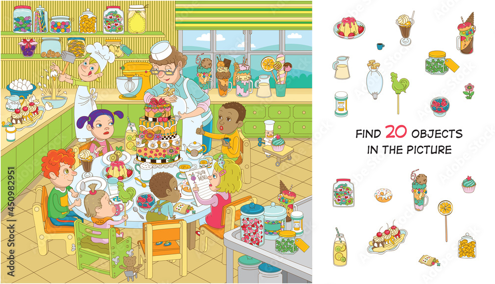 Find 20 objects in the picture. Hidden objects puzzle. Children of ...