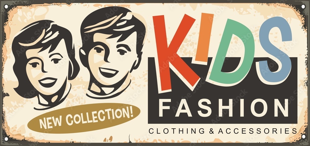 Kids fashion retro boutique sign design with boy and girl portraits ...