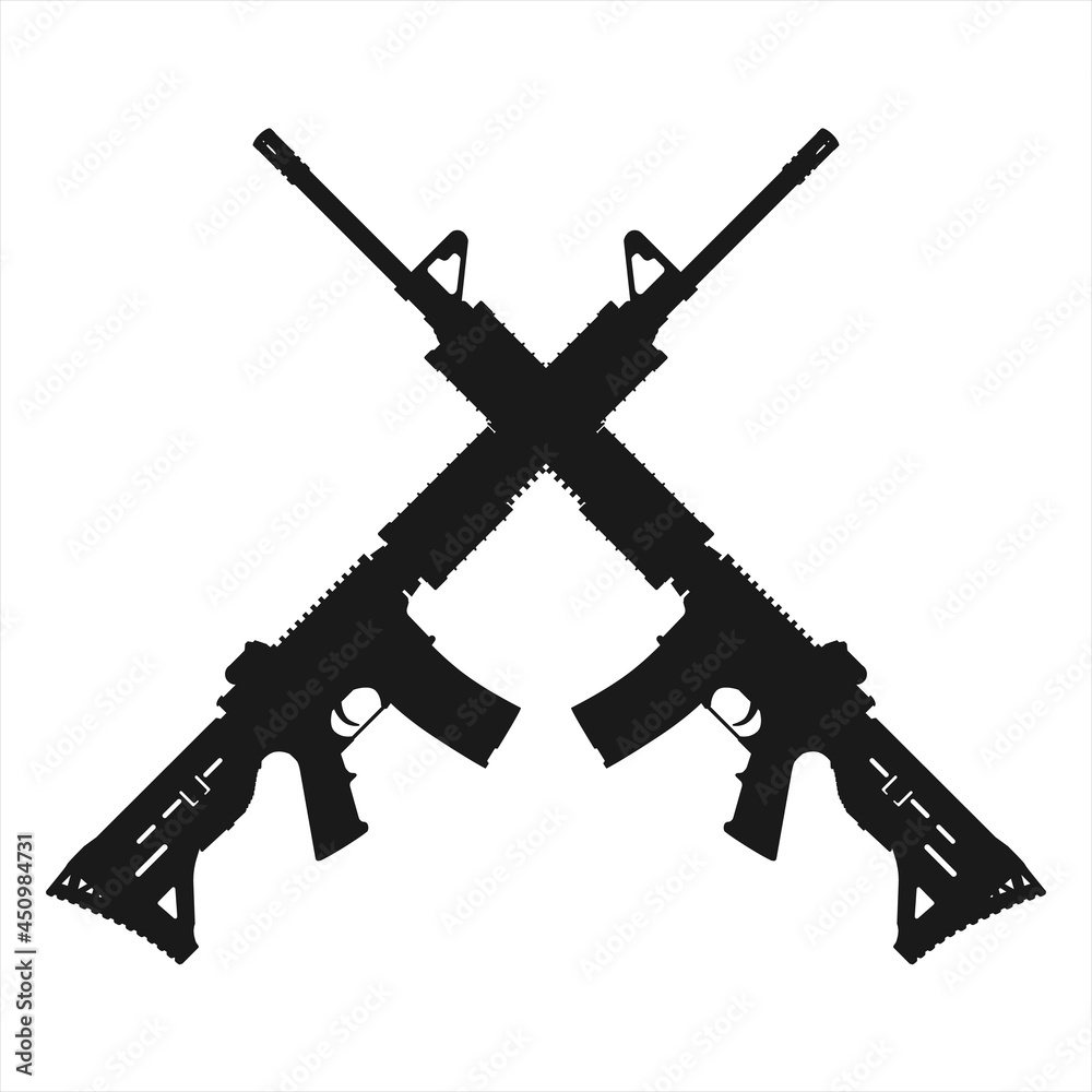 Two crossed an assault rifle icon. Silhouette of automatic fire rifle ...