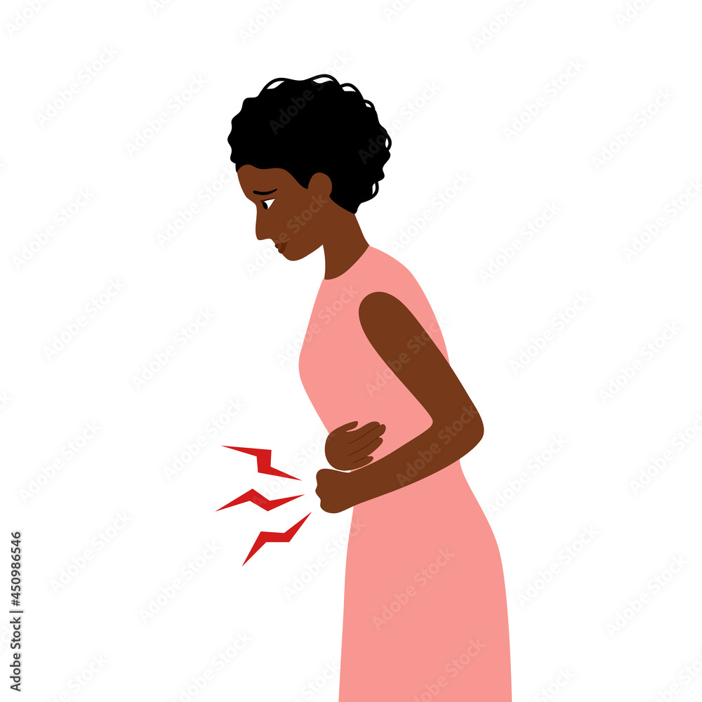 African woman feel pain in stomach concept vector illustration on white ...