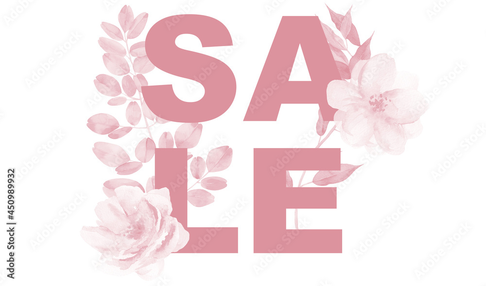 Pink Sale Sign from pink watercolor flowers and branches on the white ...