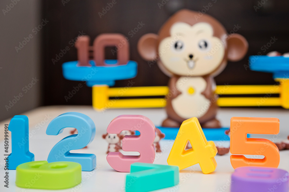 Kids colored number and monkeys. School mathematical Symbols. Early ...
