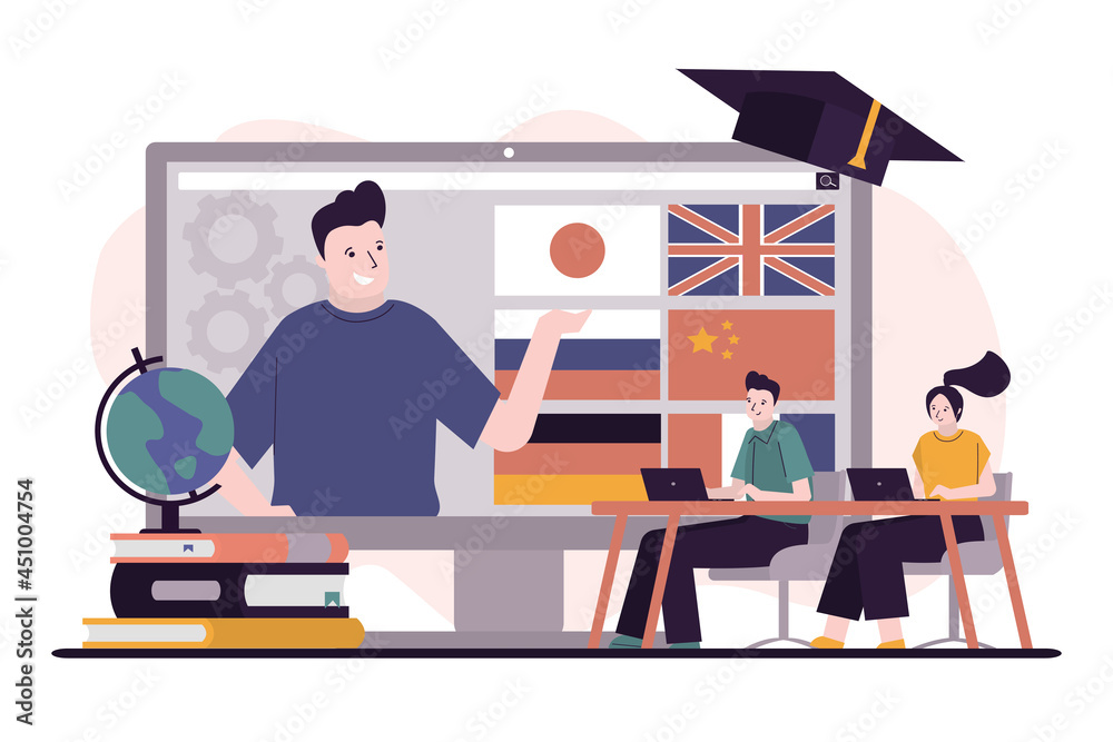 Students learn different international languages. Cartoon people sit ...