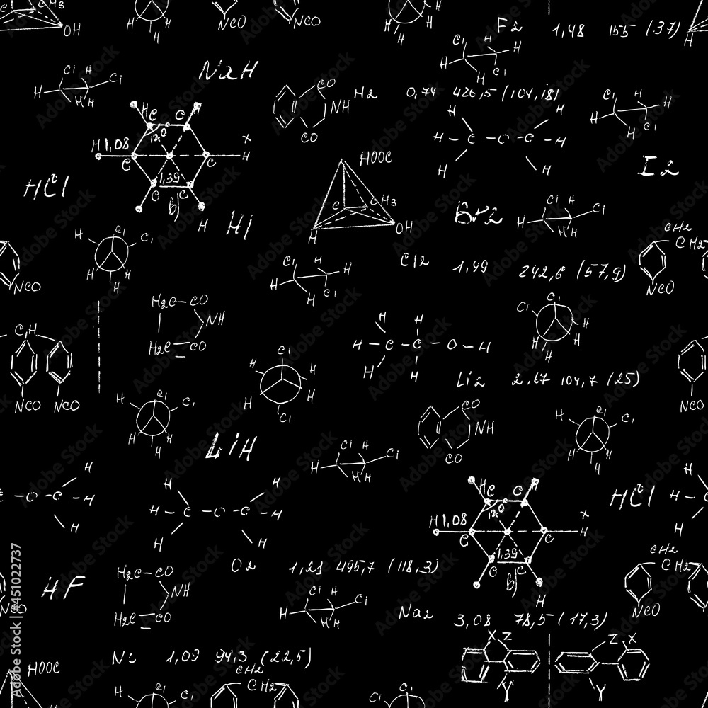 Seamless endless pattern background with handwritten chemistry formulas ...