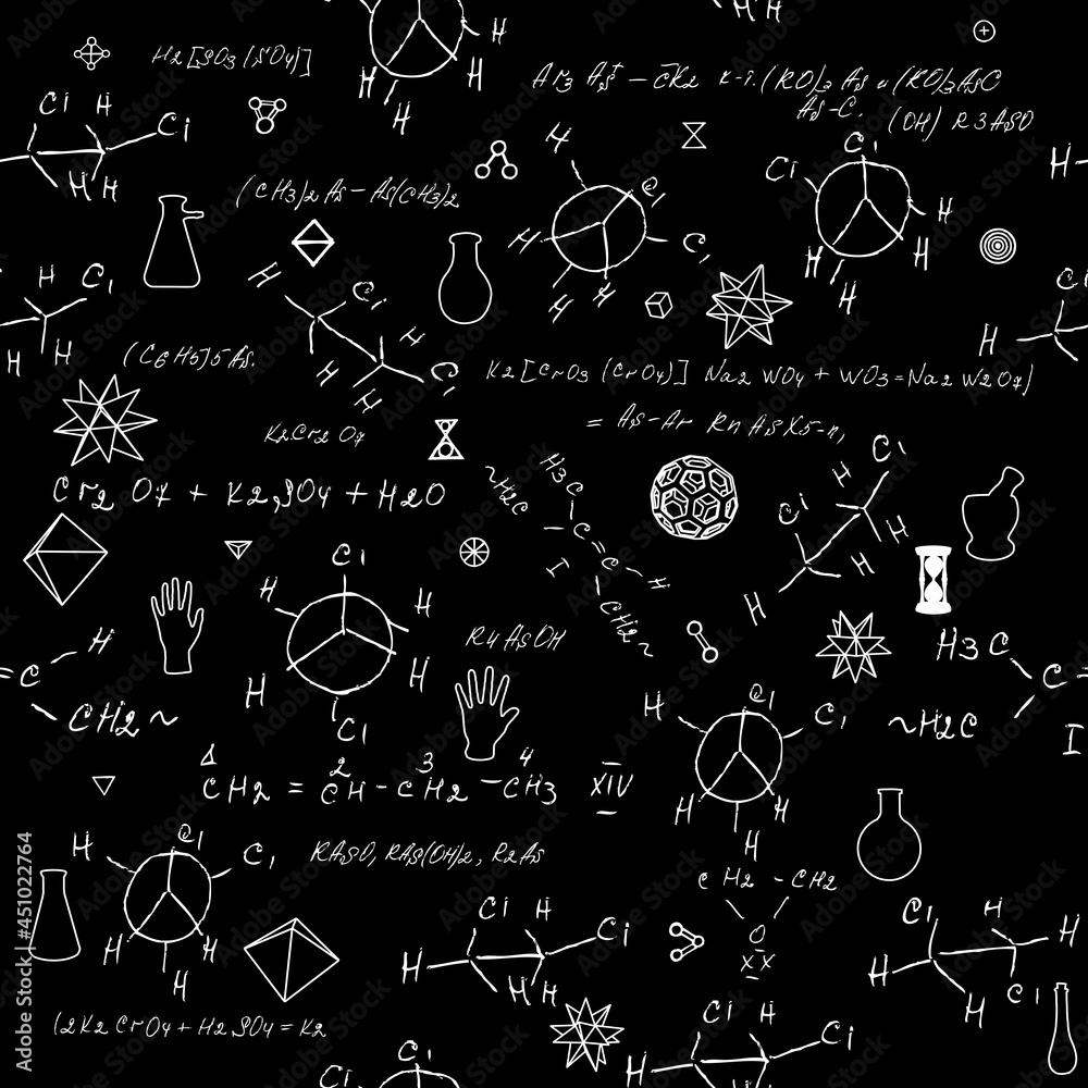 Seamless chemistry scribbles at school chalk board. Blackboard formulas ...