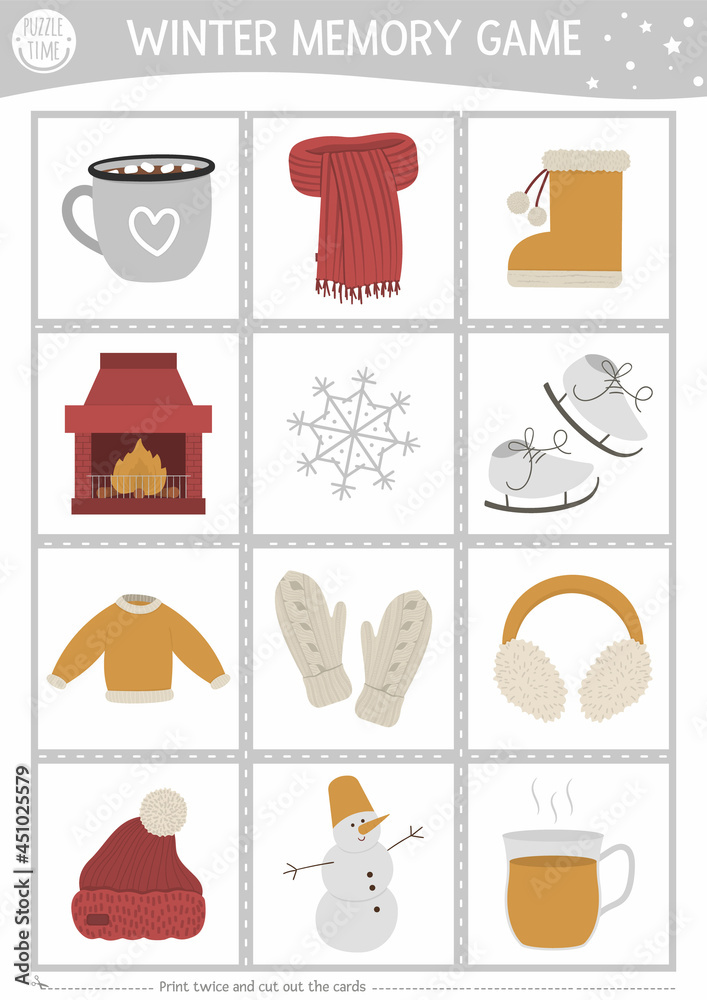 Stockvector Winter memory game cards with cute season objects. Matching ...