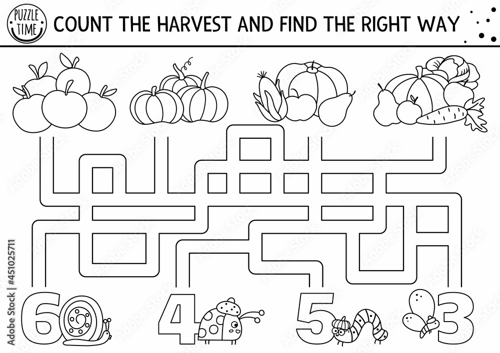 Vecteur Stock Thanksgiving black and white maze for children. Autumn ...