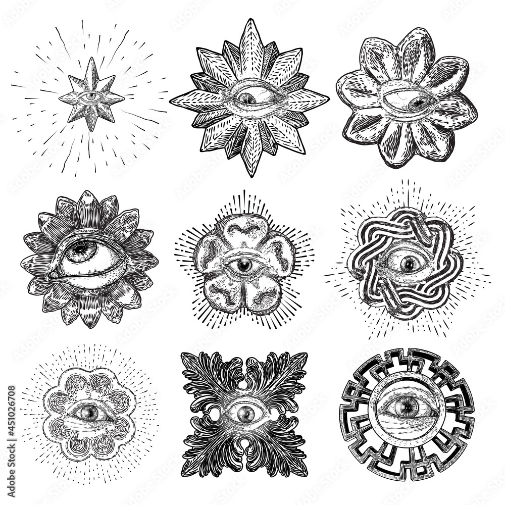 Set of various drawings of the All Seeing Eye in different directions ...