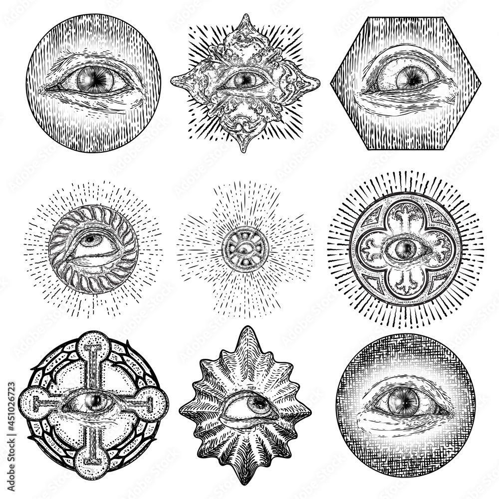 Set of various drawings of the All Seeing Eye in different directions ...
