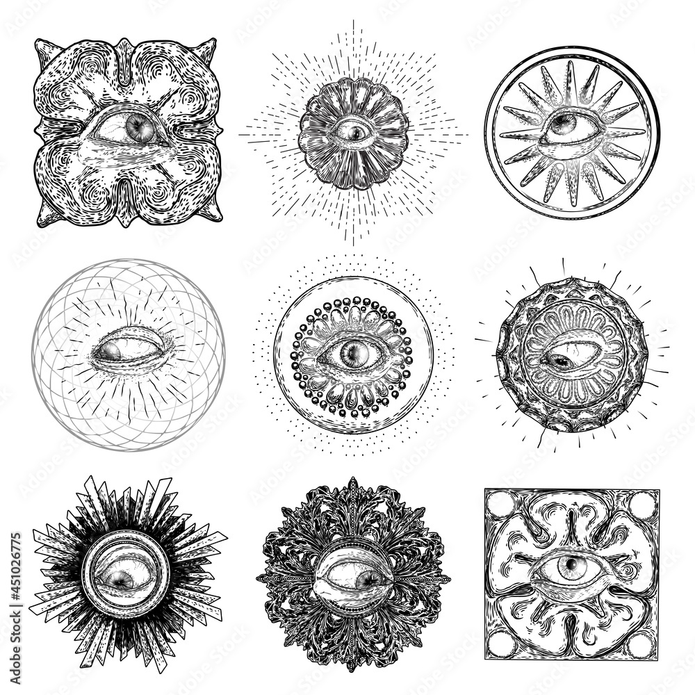 Set of various drawings of the All Seeing Eye in different directions ...