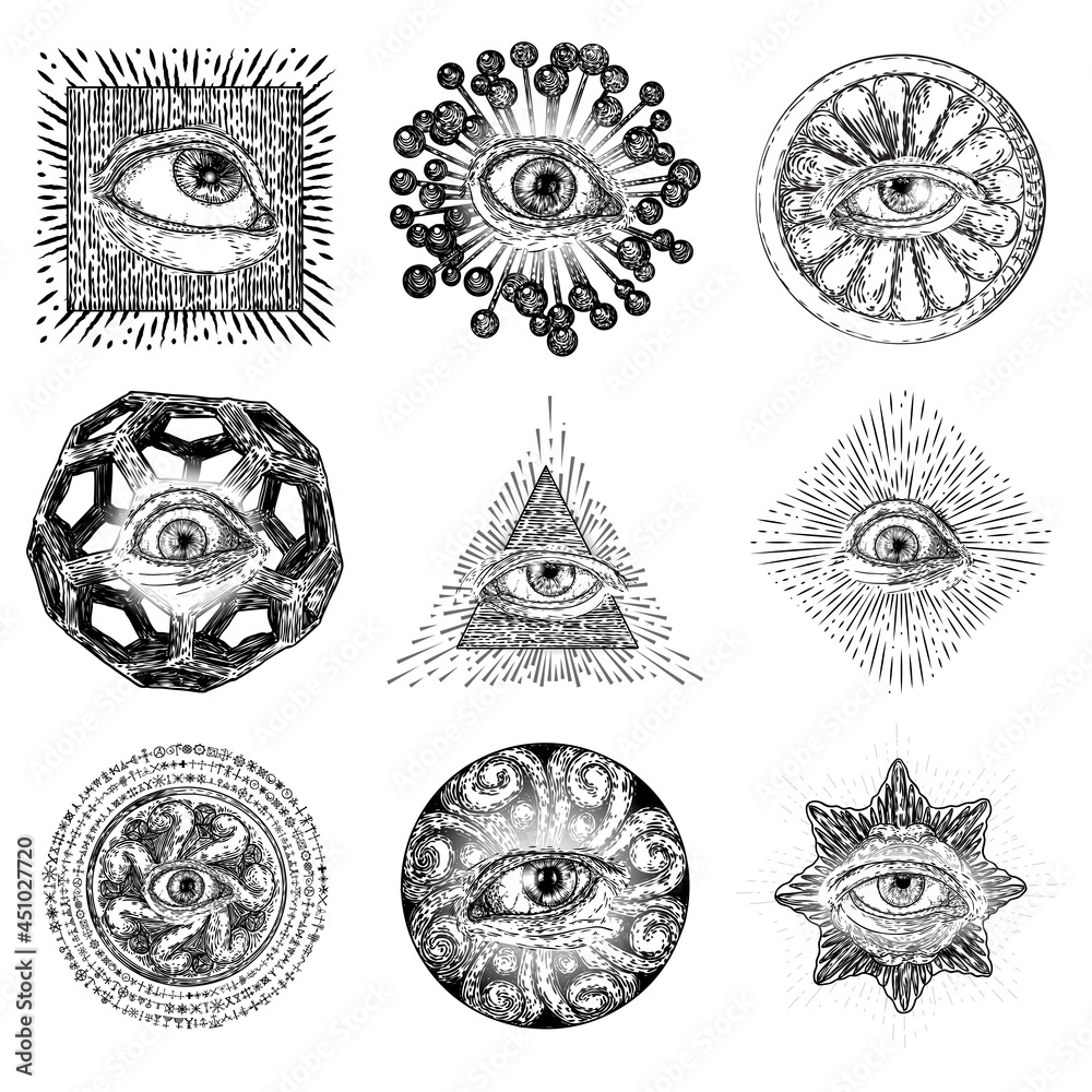 Set of All Seeing Eye symbols elements variation. Alchemy, religion ...