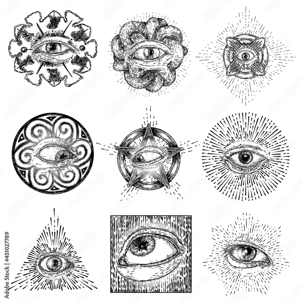 Set of All Seeing Eye symbols elements variation. Alchemy, religion ...