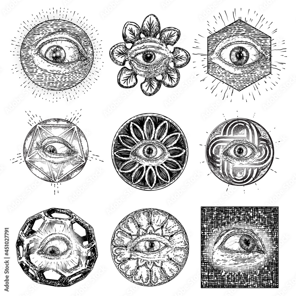 Set of All Seeing Eye symbols elements variation. Alchemy, religion ...