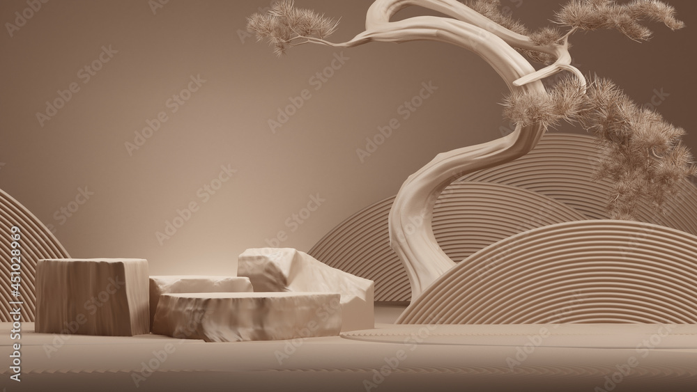 japanese style minimal abstract background.stone podium and bonsai with ...