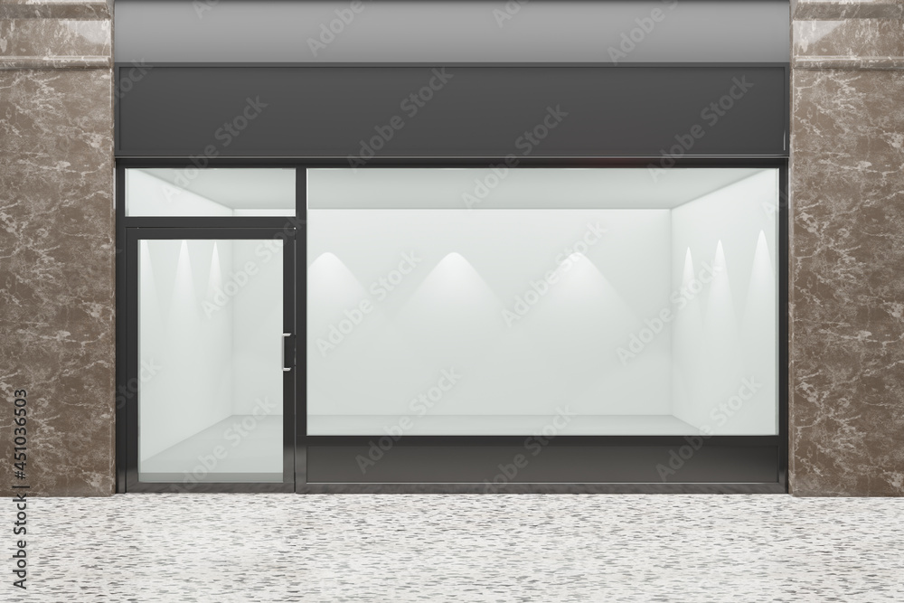 Front view of an empty storefront of shop. Design with black aluminuin ...
