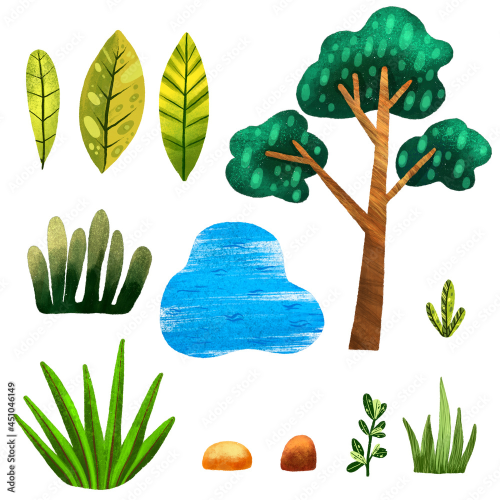 Africa landscape set of illustration. Blue lake, green leaves and ...