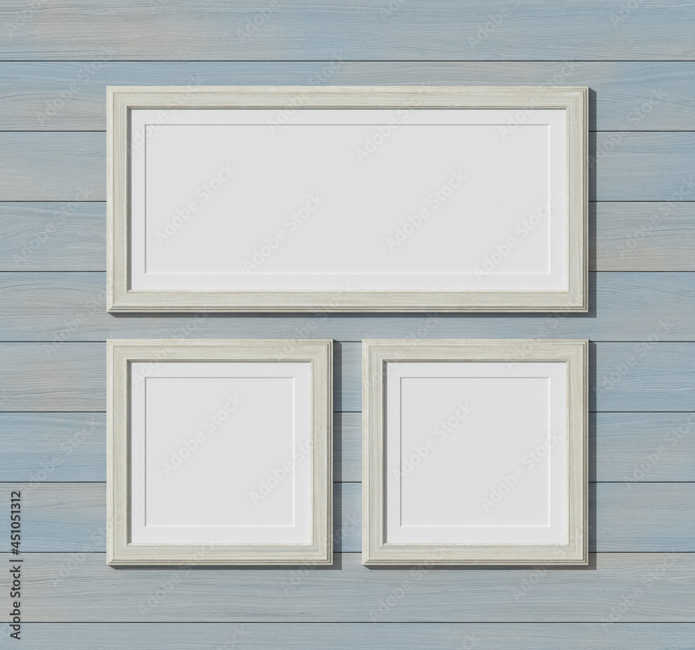 Three wooden frames on wood textured wall. Triptych. 3D render wooden painted frame mock up ...