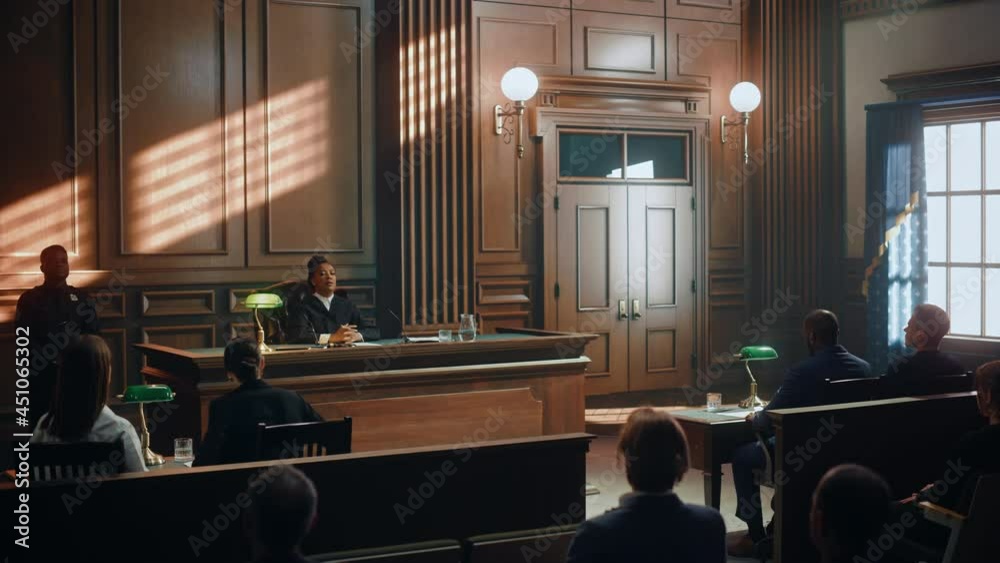 Court of Justice Trial: Impartial Judge Sitting Down, Public Sits Down ...