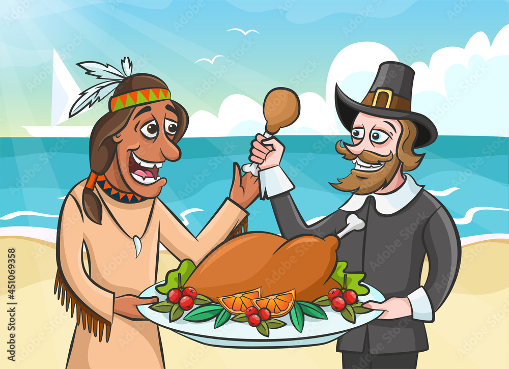 Happy piligrim and native american with baked turkey against the ocean ...