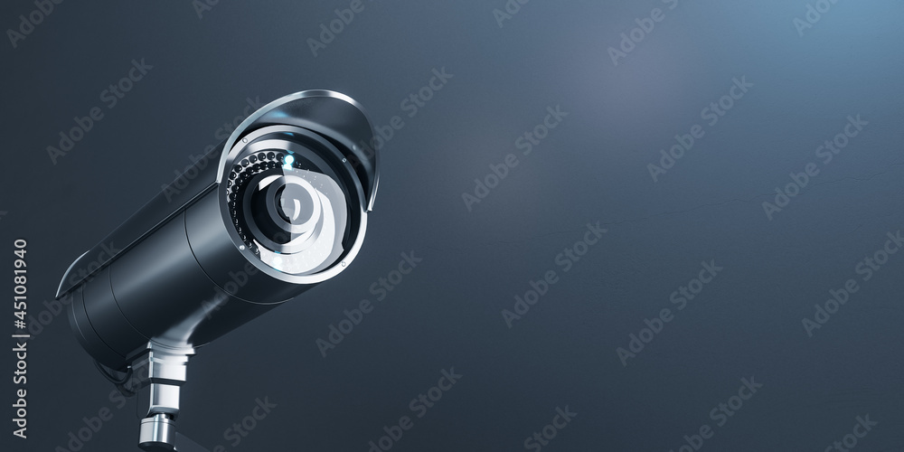 Wide close up image of cctv camera on gray background with mock up ...