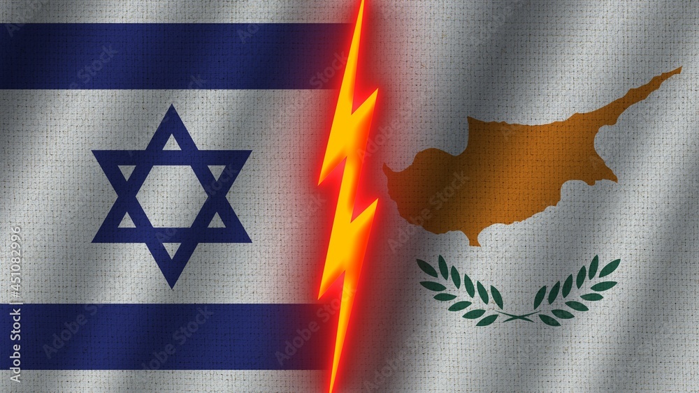 Cyprus and Israel Flags Together, Wavy Fabric Texture Effect, Neon Glow ...
