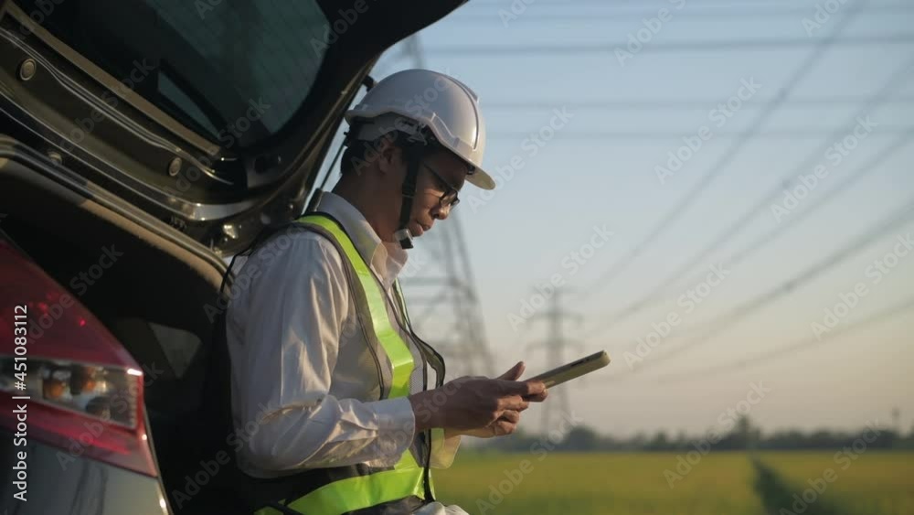 Engineer concept of 4k Resolution. An employee is using a tablet to ...